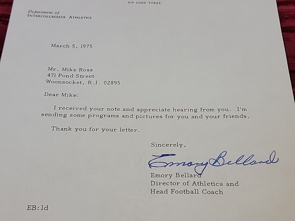 EMORY BELLARD TEXAS A&M UNIV. FOOTBALL NCAA Coach Autograph Auto singed ...