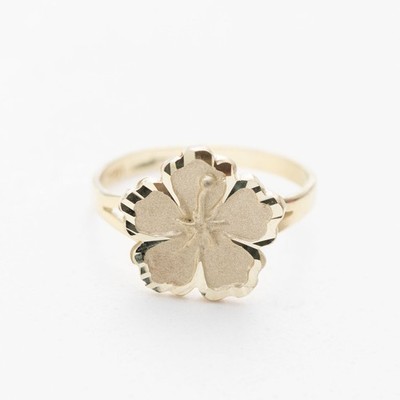 SOLID GOLD Diamond-Cut Hibiscus Flower Floral Ring 10K Yellow Gold Size ...