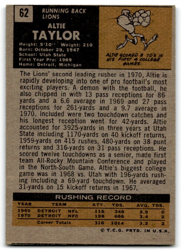 1971 Topps Altie Taylor Rookie Detroit Lions #62 | eBay