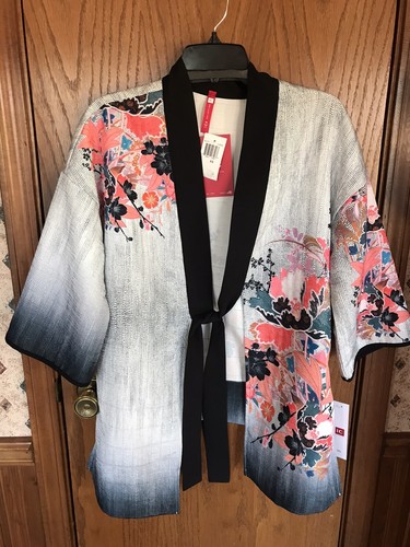 $198 IC COLLECTION Polyester Coral Floral 1/2 Sleeve Multicolor Jacket ...