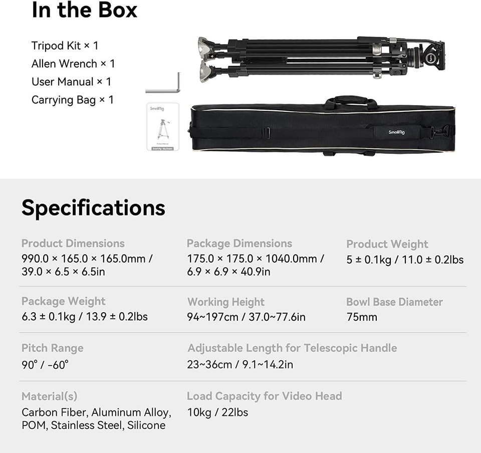 SmallRig AD-100 78" Video Tripod W/ One-Step Locking,Carbon Fiber ...