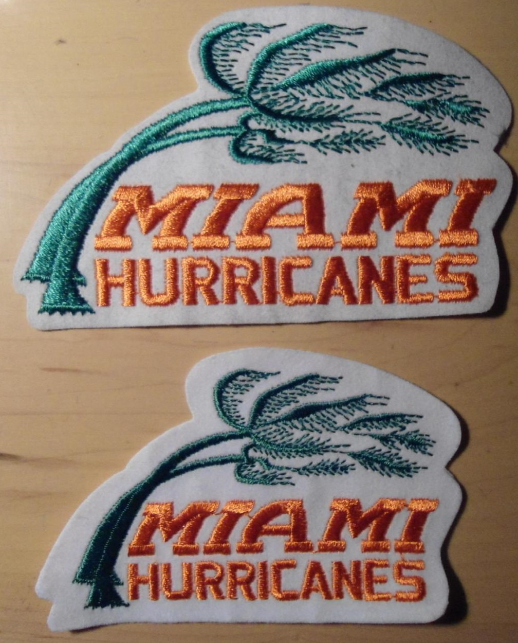 UNIVERSITY OF MIAMI HURRICANES 2 PATCHES WHITE WITH GREEN ORANGE ...