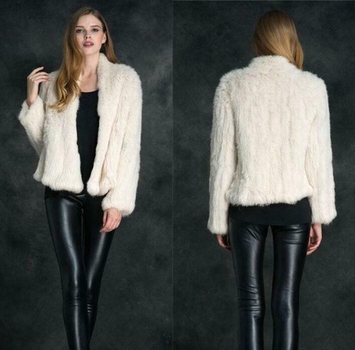 NEW Women Woven fur 100% Genuine Real Rabbit Fur Knit Coat Jacket High ...