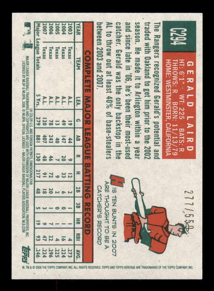2008 Topps Heritage Chrome Refractor #C294 Gerald Laird Rangers 277/559 ...