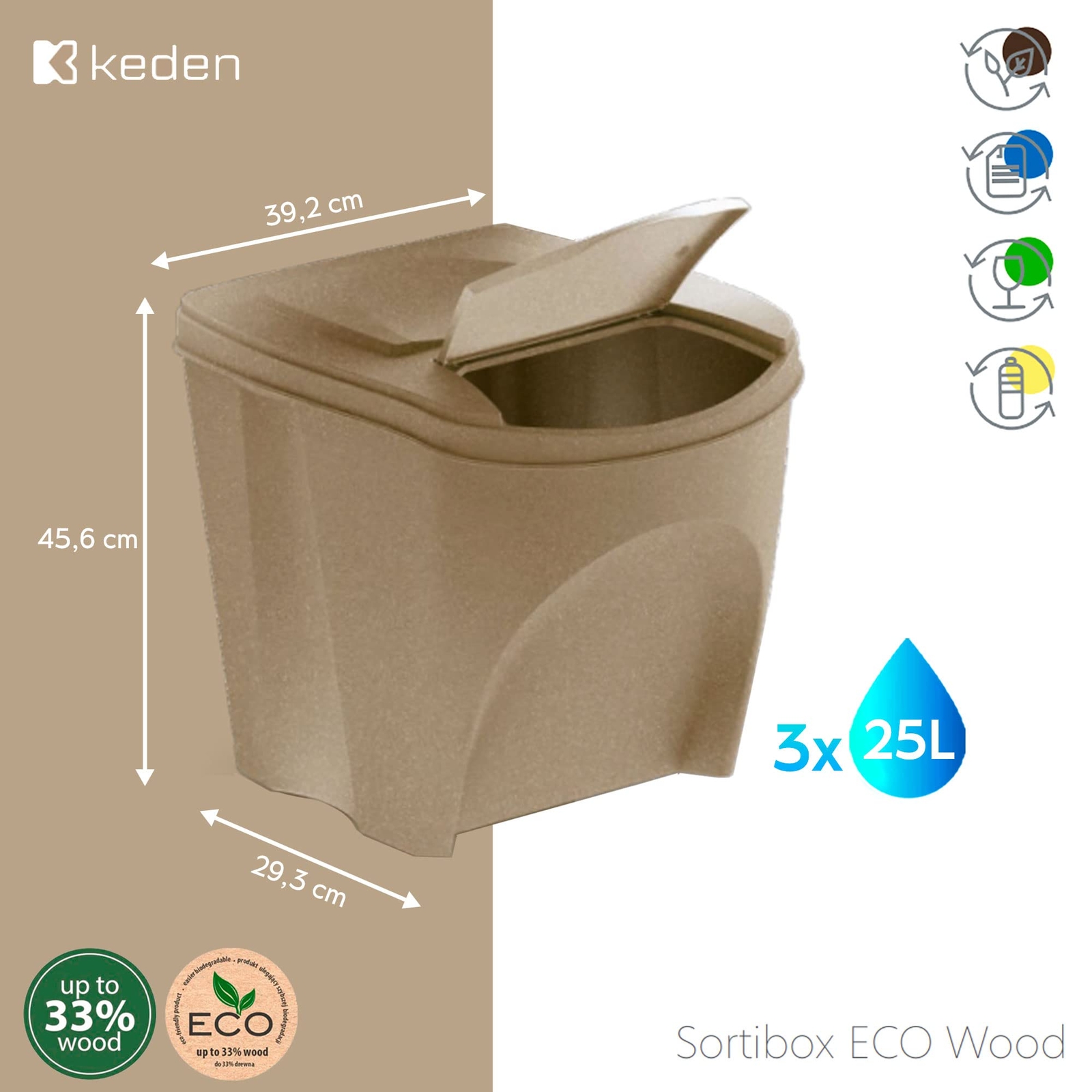 Set of 3 rubbish bins waste separation system waste sorter sorting box ...