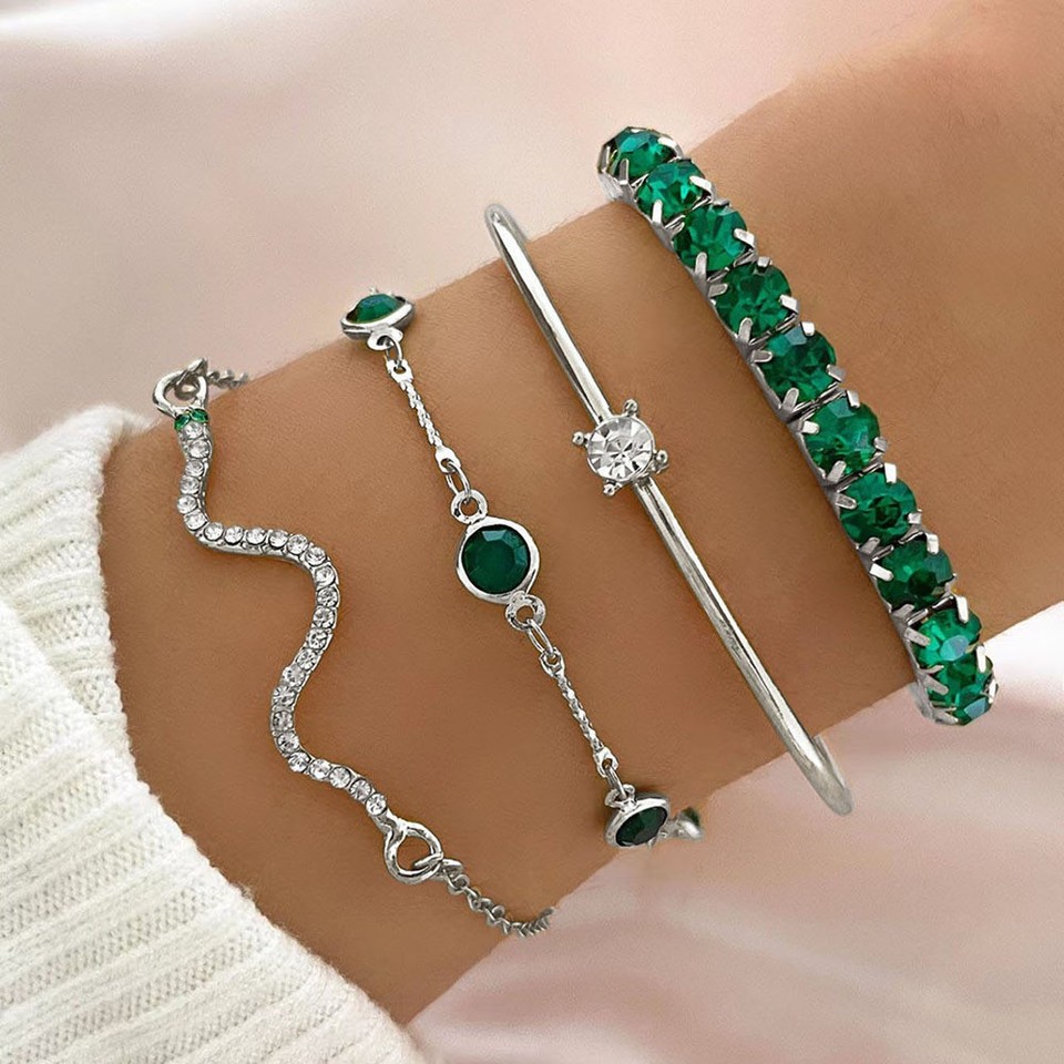 4pcs Bracelet Suit Fashion Green Grandmother Diamond Stretch Bracelet ...