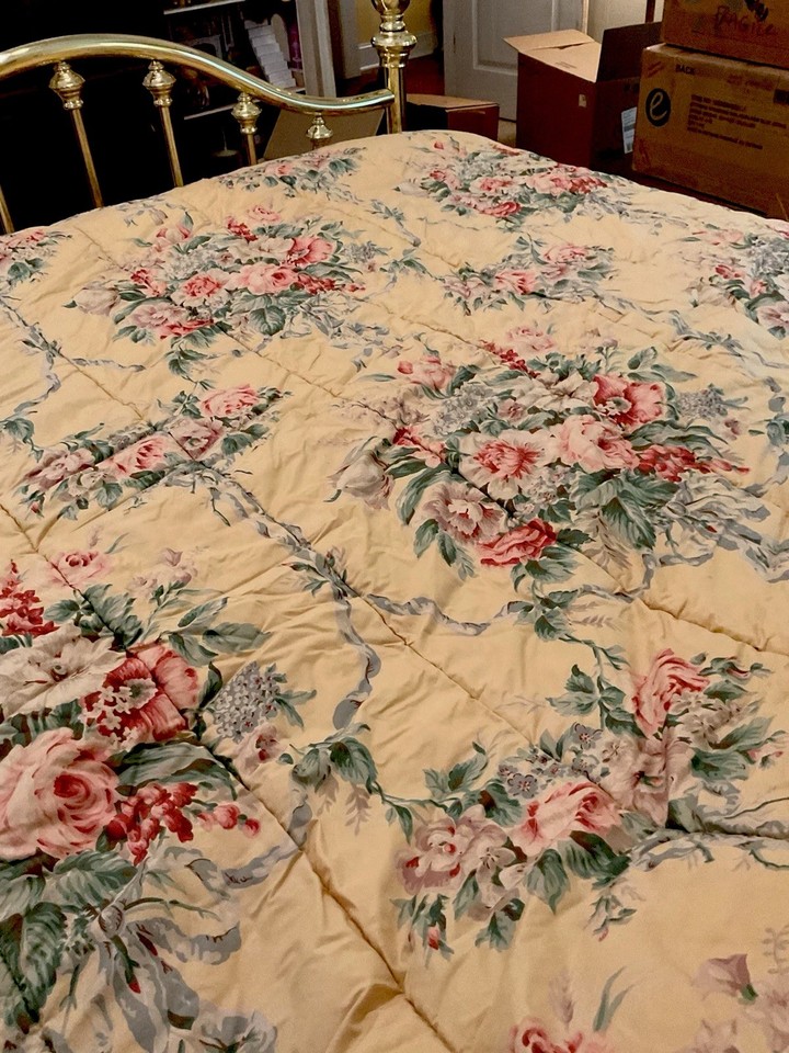 Ralph Lauren rare Vint rev yellow scroll Evelyn Queen Bed Comforter EUC ...