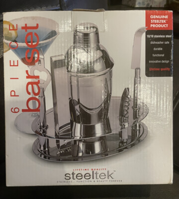 NEW Cocktail Shaker Set 6 Piece Steeltek Shaker Bar Set Bartender Gift ...