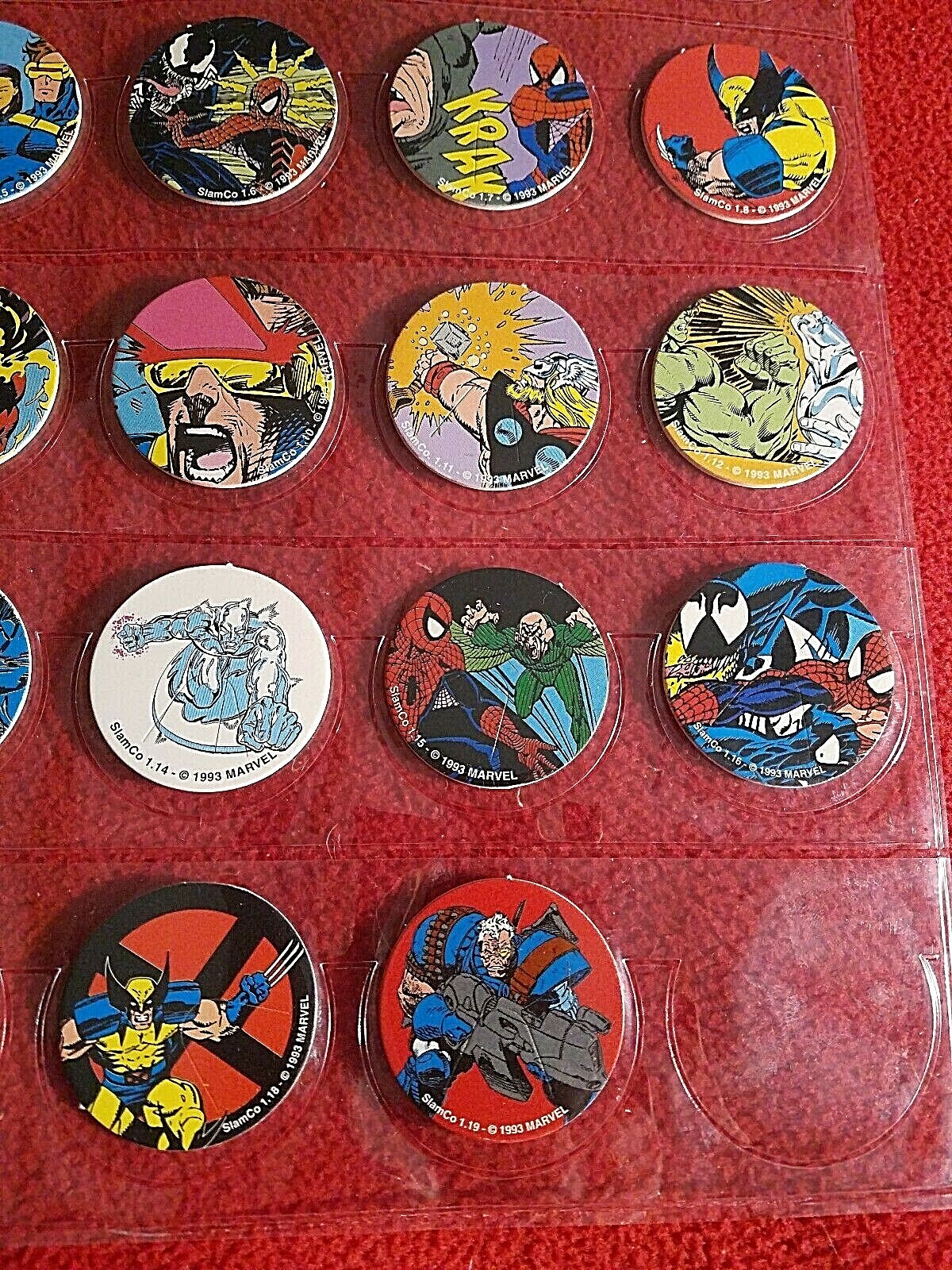 18 Vintage 1993 SlamCo 1.2-1.19 Pogs Marvel Spiderman and others Sleeve ...