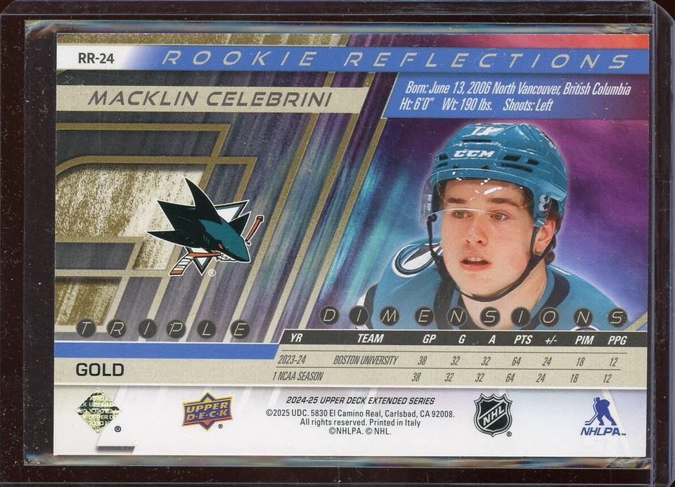 2024-25 Upper Deck Rookie Reflections Gold #RR24 Macklin Celebrini 12/ ...