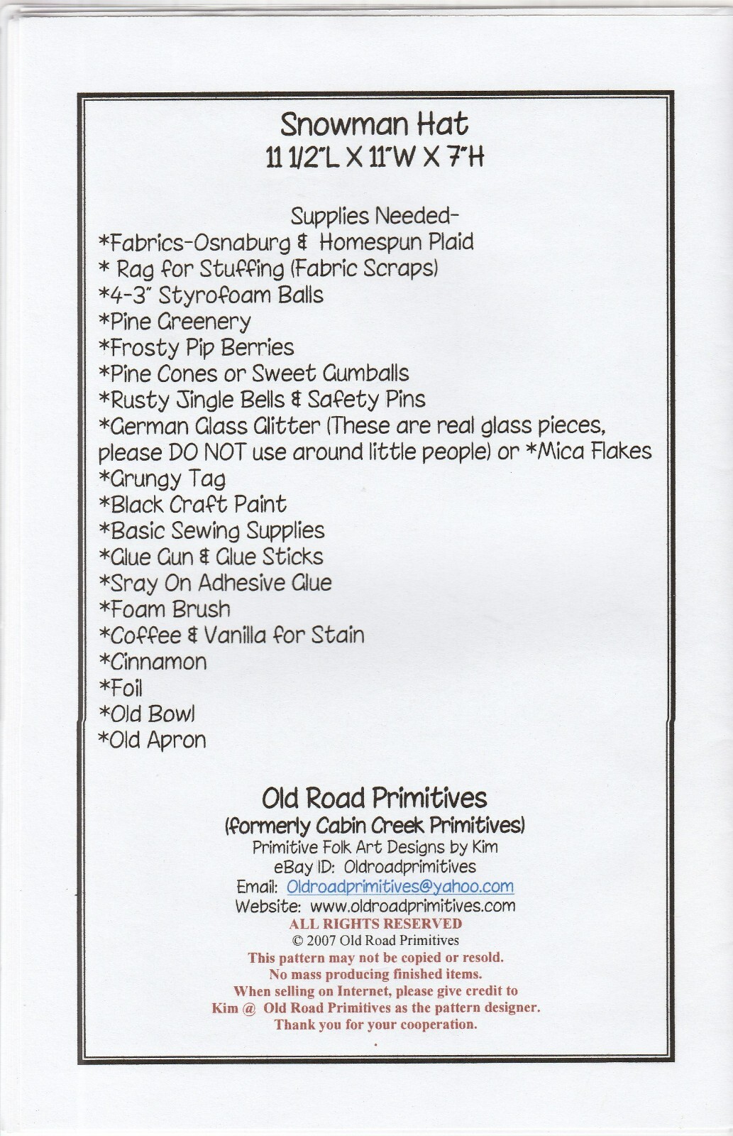 Primitive Snowman Hat Doll Pattern-Old Road Primitives-UNCUT | eBay