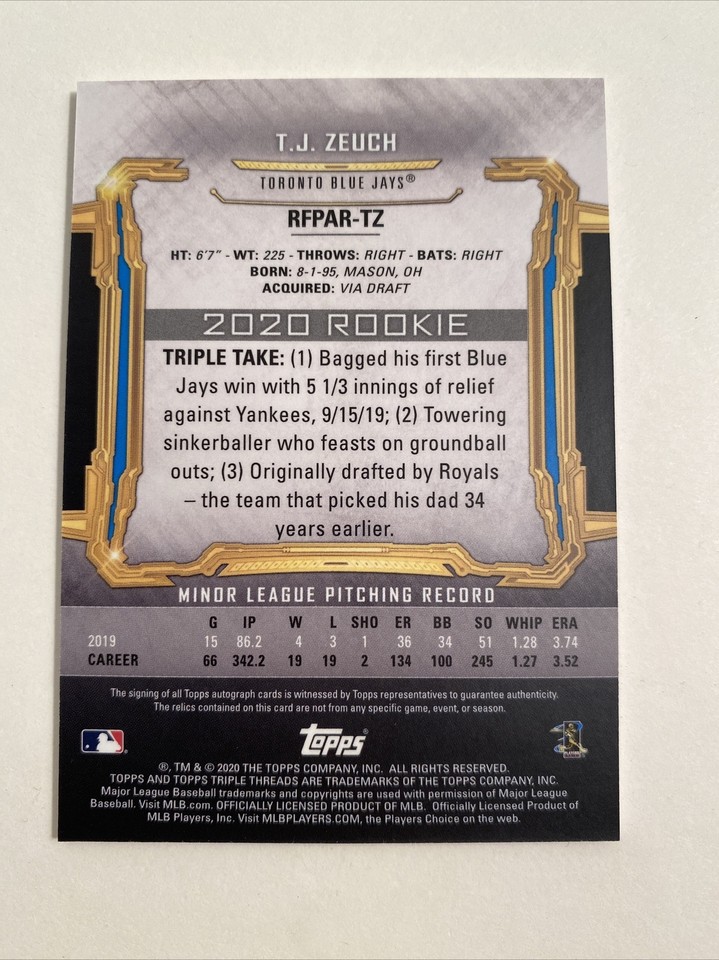 TJ Zeuch RC - 2020 Topps Triple Threads Rookies Future Phenoms Auto ...