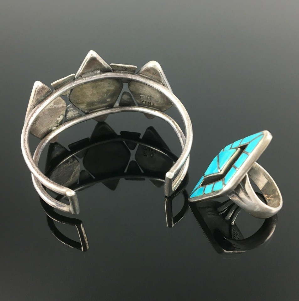 ELLEN QUANDELACY - NATIVE AMERICAN ZUNI SILVER TURQUOISE INLAY BRACELET ...
