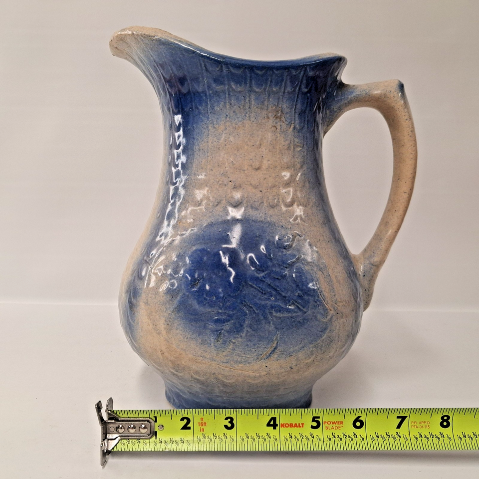 Antique Blue & White Salt Glaze Stoneware Pitcher • Floral Relief ...