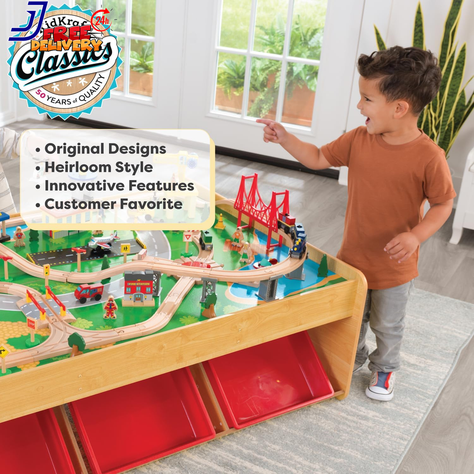 Waterfall Mountain Wooden Train Set & Table with 120 Pieces, 3 Storage ...