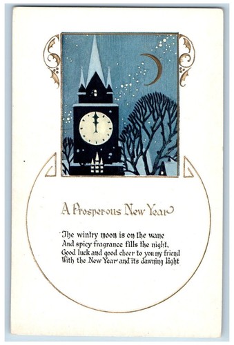 New Year Postcard Wintry Crescent Moon Clock Tower Church Embossed ...