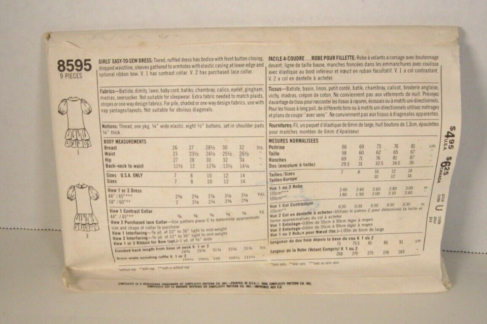 Simplicity 8595 Easy-To-Sew Tiered, Ruffled Dress Pattern Girls' Size ...