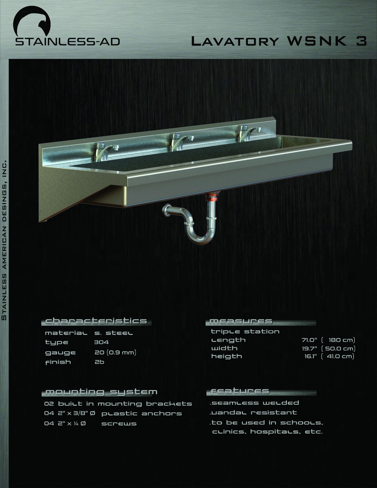 Stainless AD / Stainless 71" Triple Station Wide Lavatory / W-SNK 3 | eBay