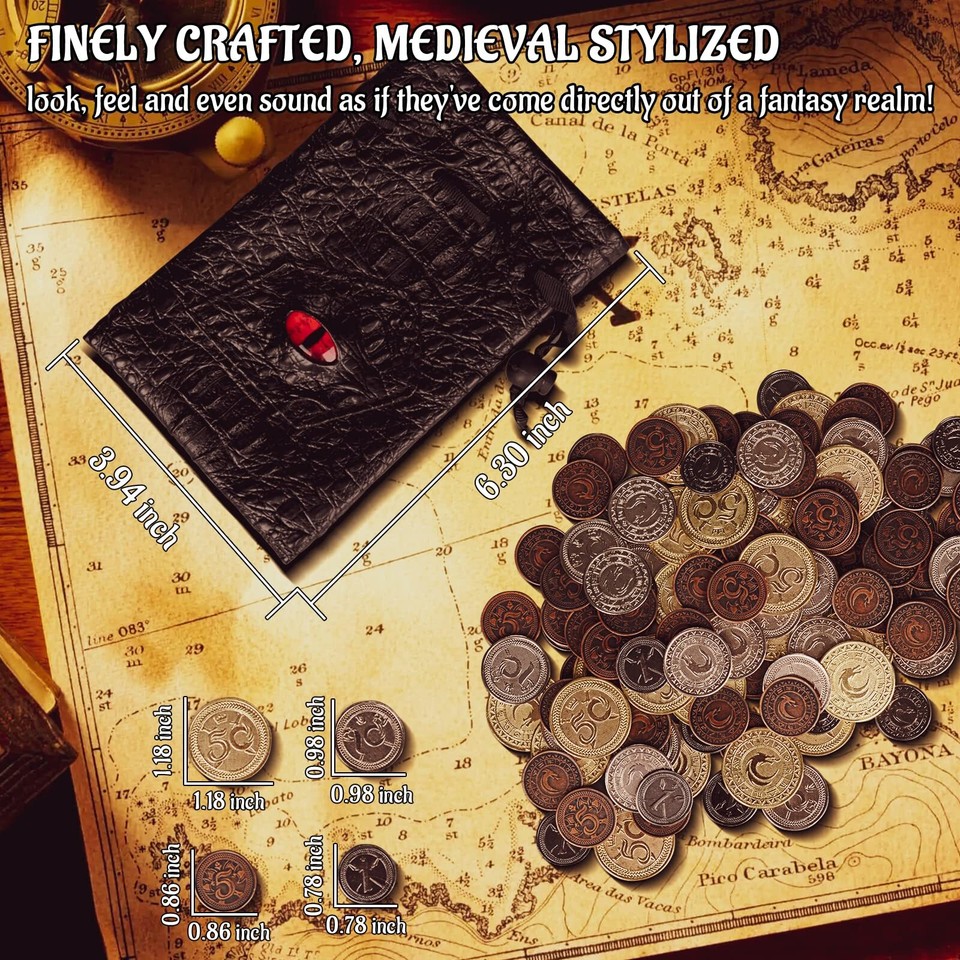 DND Metal Coins Set of 60 with Leather Pouch - Gaming Tokens Pirate ...