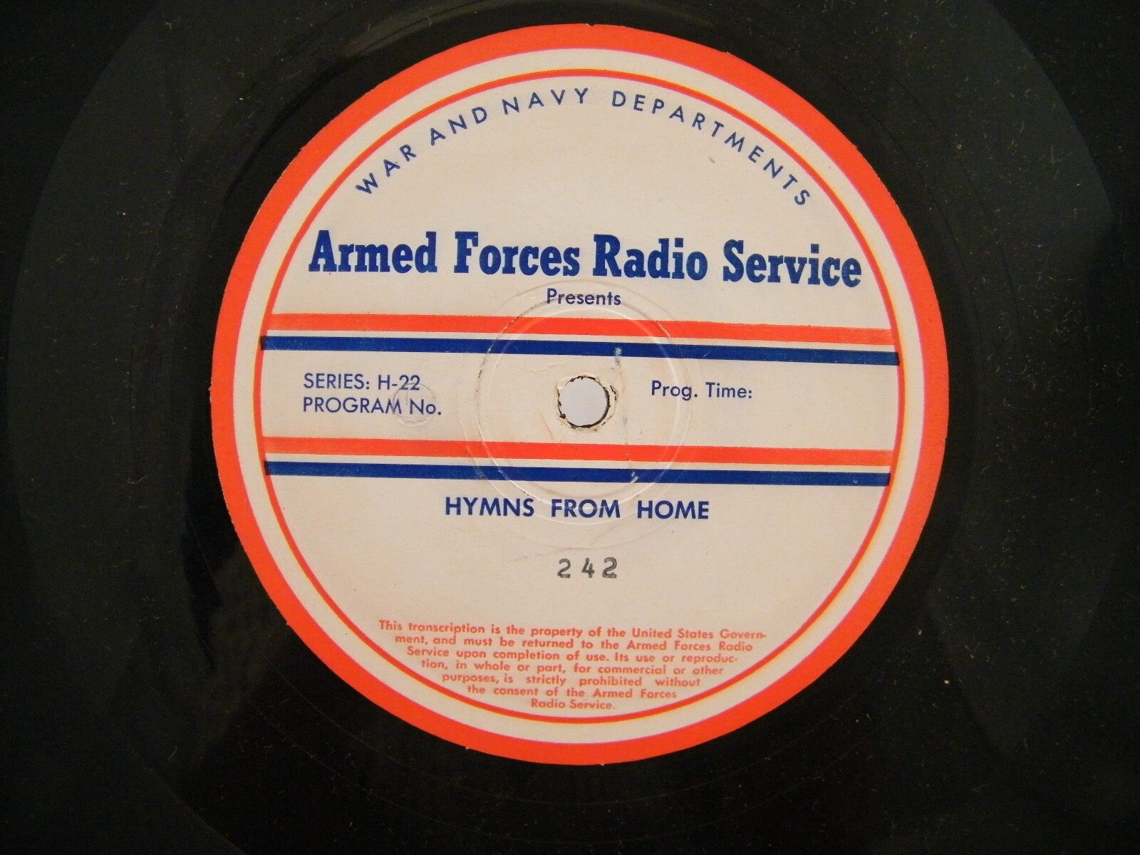 ARMED FORCES RADIO SERVICE AFRS 16" TRANSCRIPTION "HYMNS FROM HOME ...