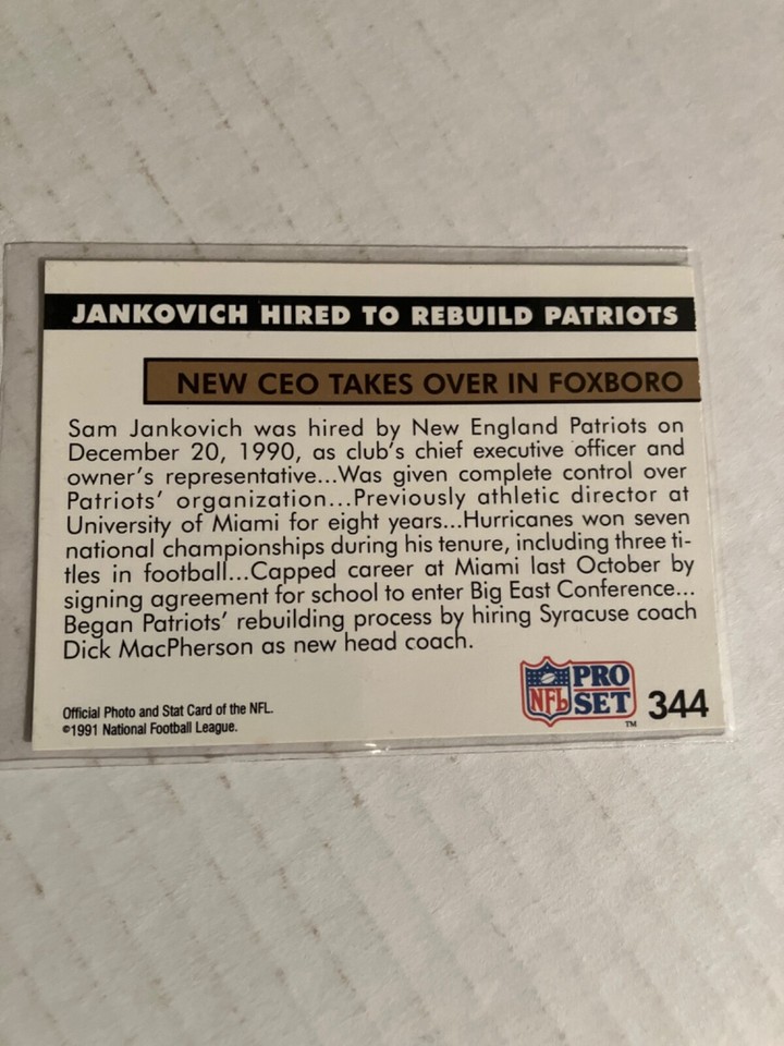 New England patriots Sam jankovich 1991 pro set football card see scan ...