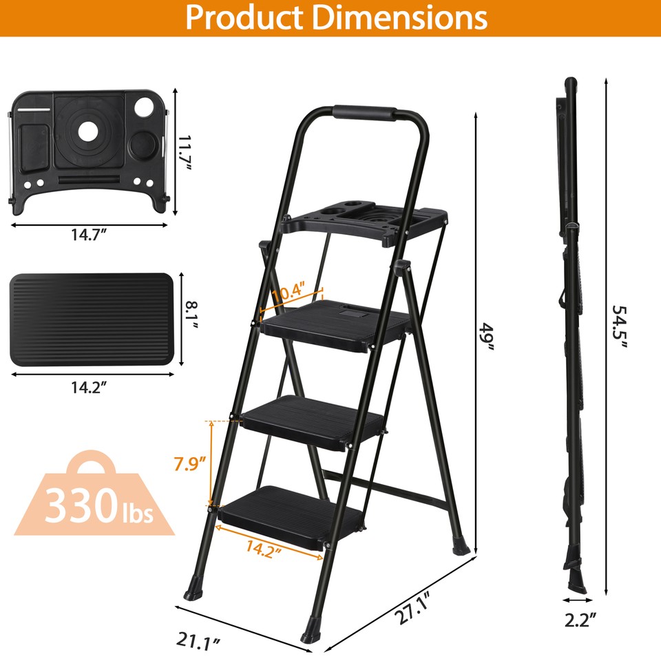 3/4/5 Step Ladder with Tool Platform Anti-Slip Sturdy & Wide Pedal ...