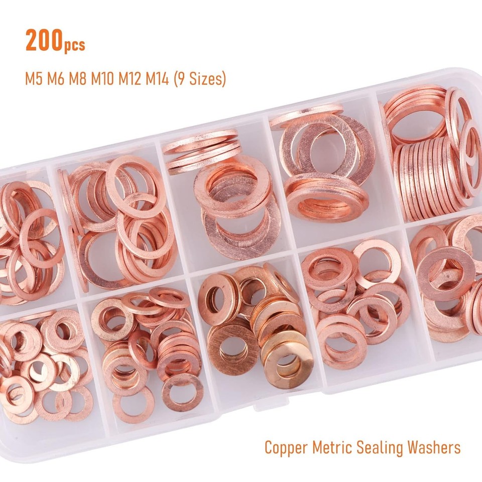 200pcs Copper Crush Metric Washers Assortment Kit Flat Sealing Washer ...