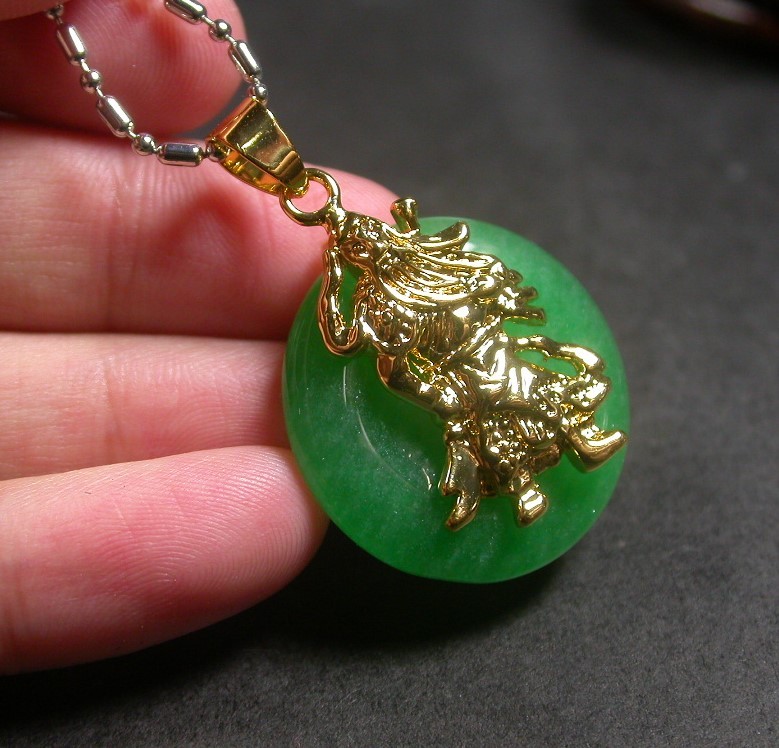 Yellow Gold Plate Green JADE Pendant Circle Guan Gong God chain 关公 ...