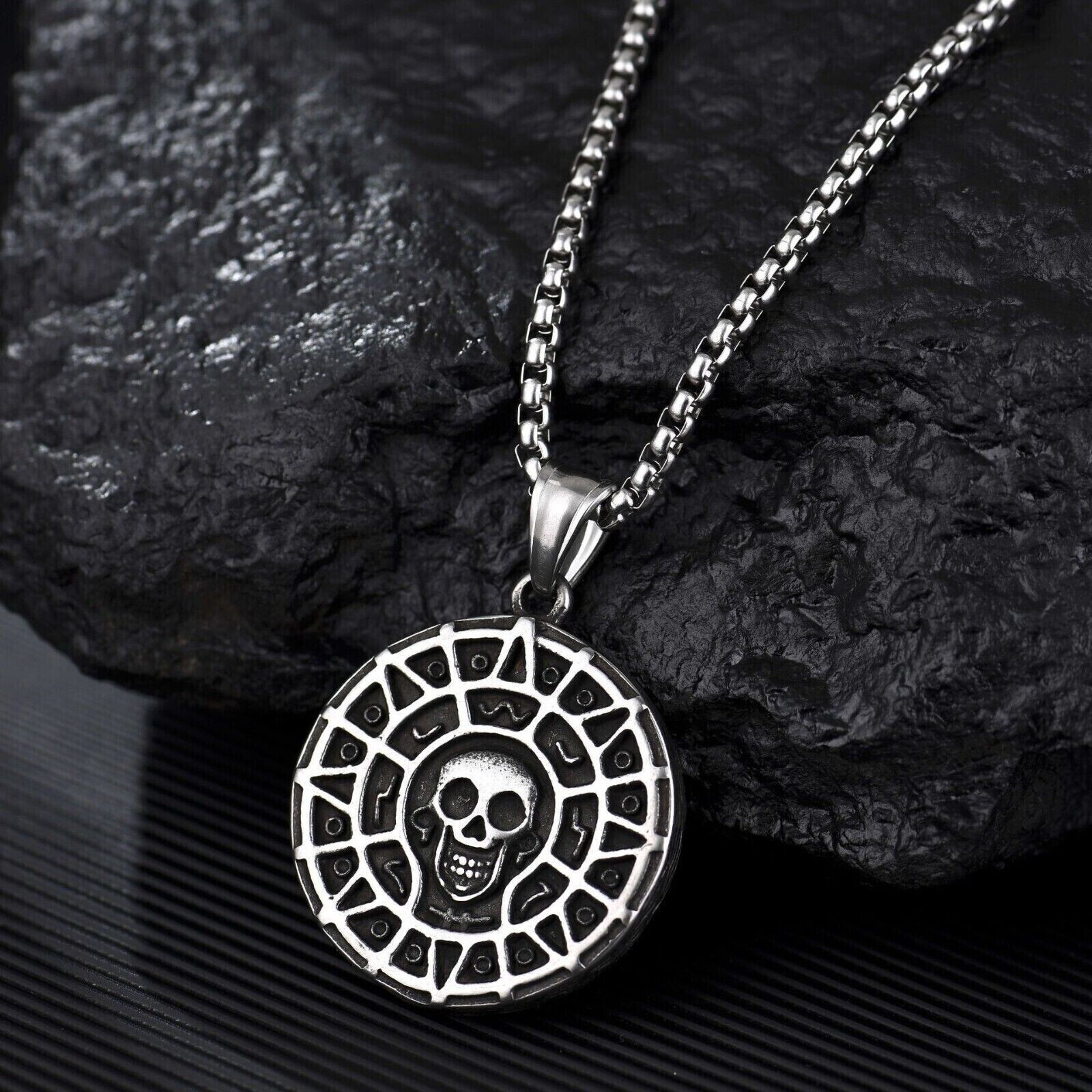 Hip Hop Retro Skull Disc Titanium Pendant Stainless Steel Necklace Men ...