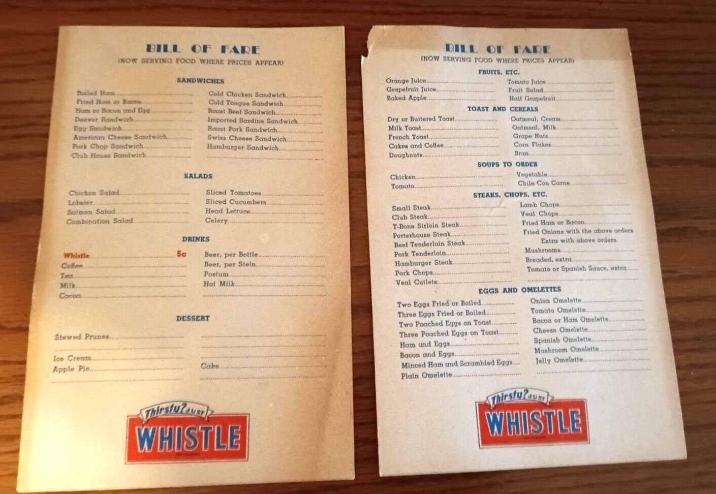 2 Generic Menus, Bills Of Fare, Advertising Whistle Soda, 1920's??, G+ ...