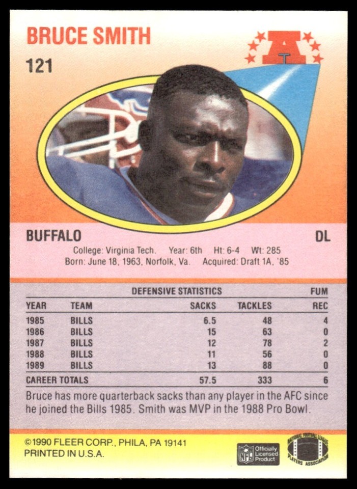 1990 Fleer Football Card Bruce Smith D Buffalo Bills #121 | eBay
