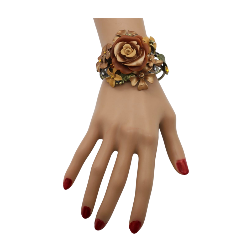 Women Gold Metal Beige Brown Rose Flowers Wrist Cuff Bracelet Prom ...