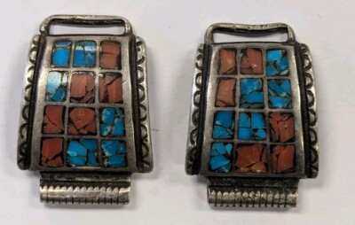 Vtg. Sterling Silver Native American Turquoise Inlay Watch Ends # NA28 ...