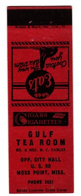 GULF TEA ROOM matchbook matchcover - MOSS POINT, MISSISSIPPI | eBay