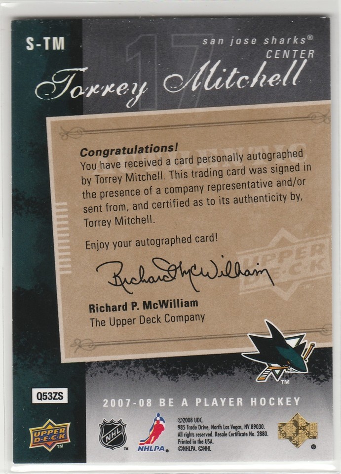 2007-08 Be A Player Signatures Player's Club #STM Torrey Mitchell 6/15 ...