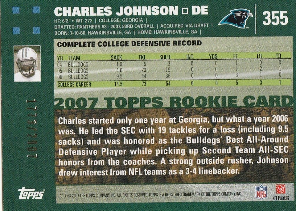 2007 Topps Football Copper CHARLES JOHNSON #355 #1773/2007 ROOKIE MINT ...