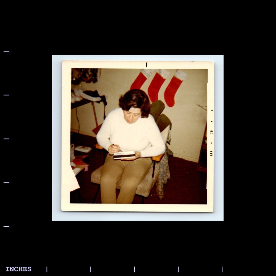 Old Vintage Square Color Photo SOLO WOMAN IN CHAIR CHRISTMAS STOCKINGS ...