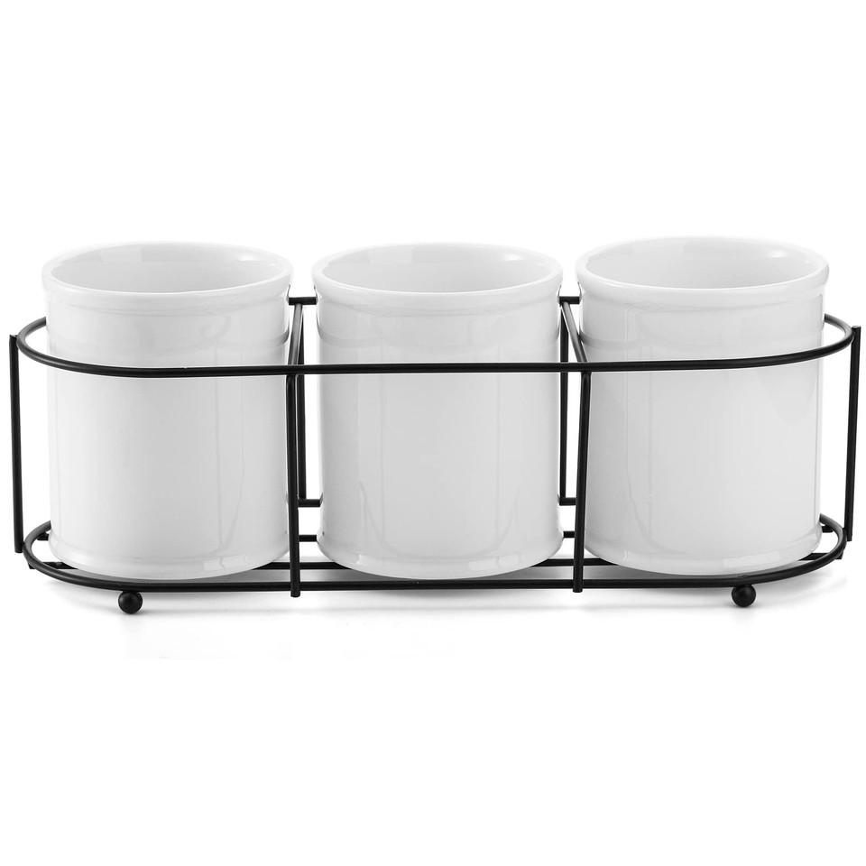 3-Piece Ceramic Silverware Caddy with Metal Rack, Utensil Holder ...