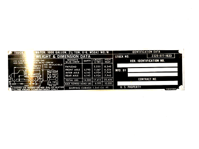 M50A2 6x6 WO/WIN WEIGHT & DIMENSION DATA PLATE | eBay
