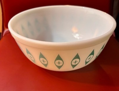 Vtg Atomic Eyes Pyrex Mixing Bowl MCM 1950s Unmarked White & Turquoise ...