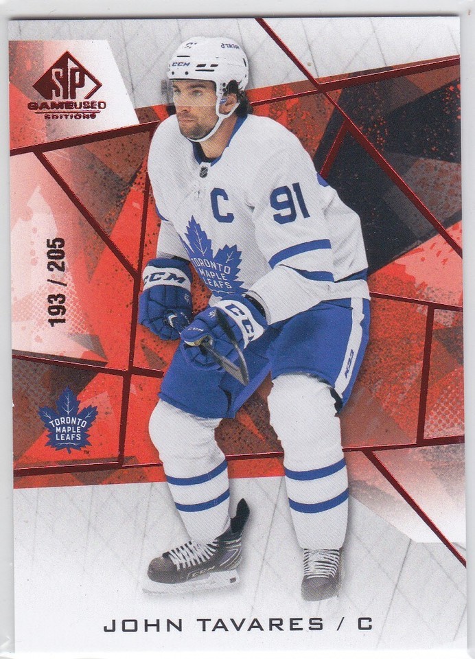 21/22 SP GAME USED..JOHN TAVARES..RED FRAGMENT../205..CARD # 82..MAPLE ...