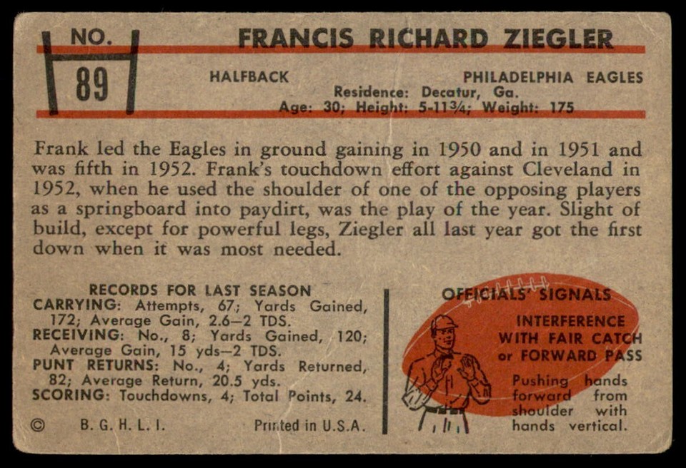 1953 Bowman #89 Frank Ziegler Philadelphia Eagles VG (Wrinkles/Creases ...