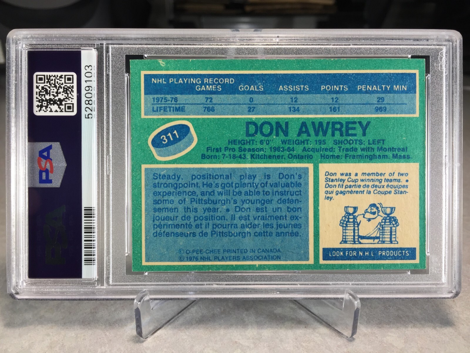 1976 O-Pee-Chee Don Awrey #311 - PSA 8 - Pittsburgh Penguins | eBay
