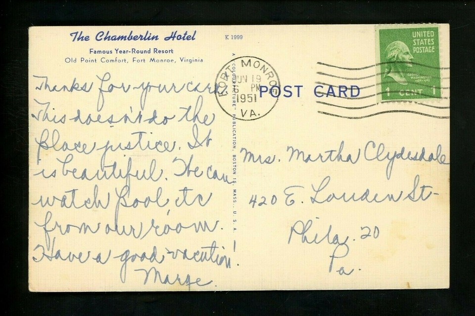 Virginia VA postcard Fort Monroe, Chamberlin Hotel Old Point Comfort ...
