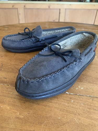 Bass Grey Suede Moccasin Slippers Black Leather Laces Fleece Lined 9 M ...