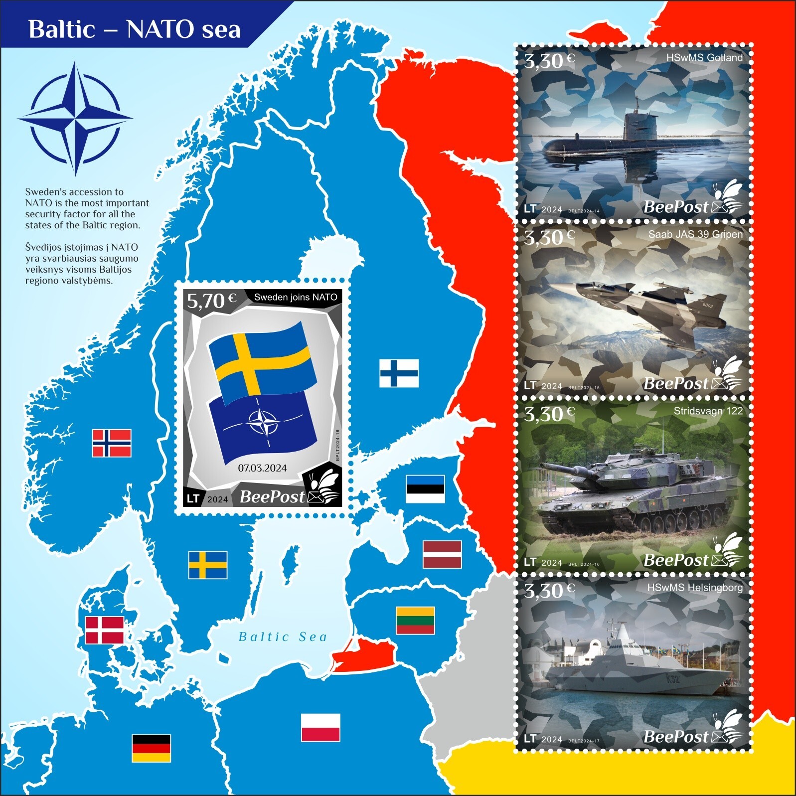 Sweden Joins NATO Baltic – NATO Sea MNH Stamps 2024 BeePost Lithuania M ...