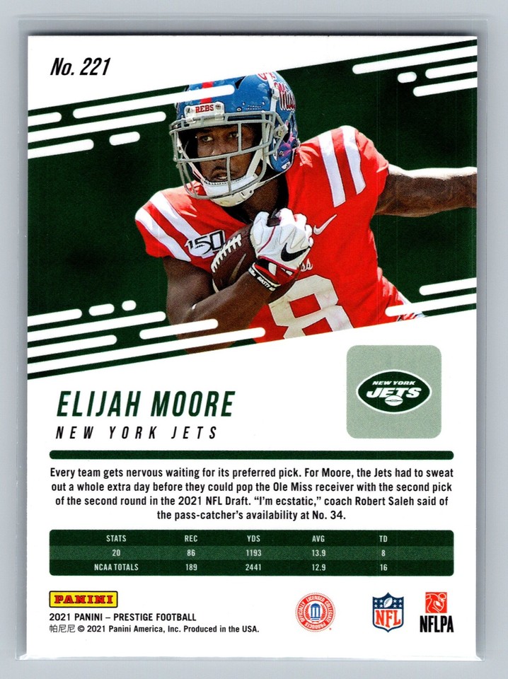 Elijah Moore 2021 Panini Prestige Xtra Points Diamond RC #221 New York ...