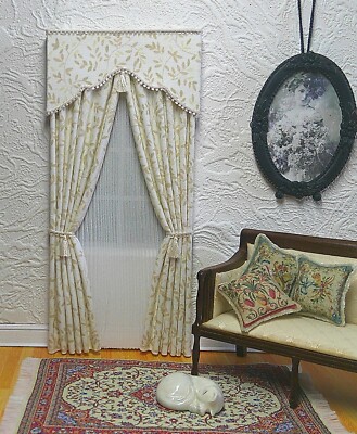 Cream & Ecru Vine Print "Old World" Dollhouse Curtains -1:12 scale ...
