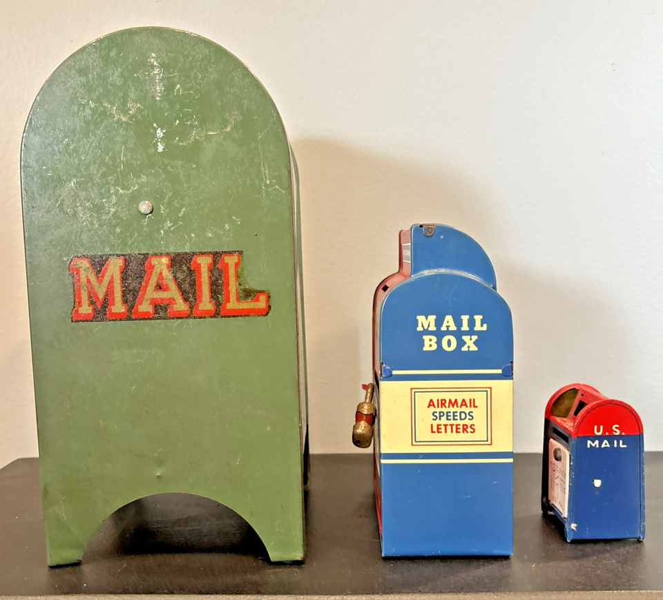 3 Vintage Metal Mailbox Banks 9" Green 6" Red White Blue Bank Lock 2 1/ ...