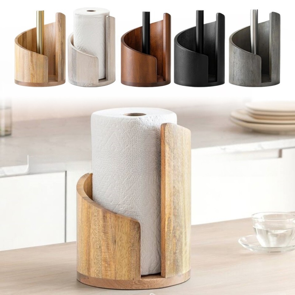 Kitchen Paper Towel Holder with Wooden Round Base and Metal Rod for ...